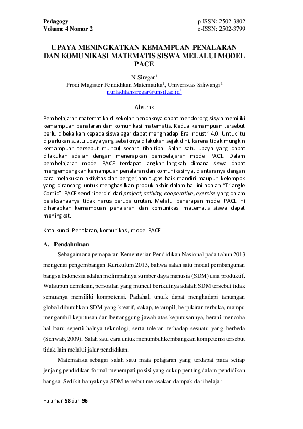 (PDF) Upaya Meningkatkan Kemampuan Penalaran Dan Komunikasi Matematis Siswa Melalui Model Pace