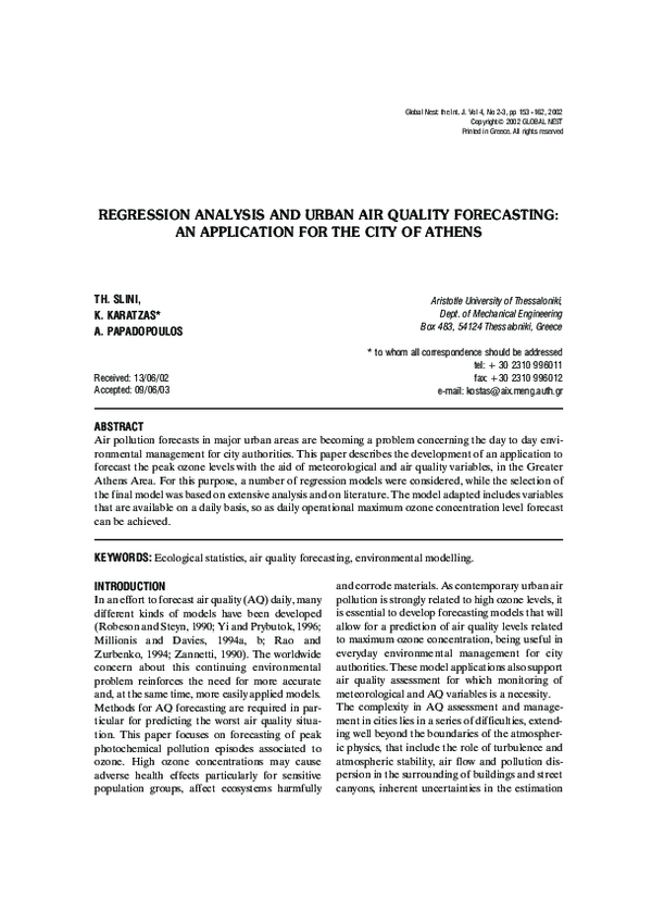 (PDF) Regression Analysis and urban air quality forecasting: an ...