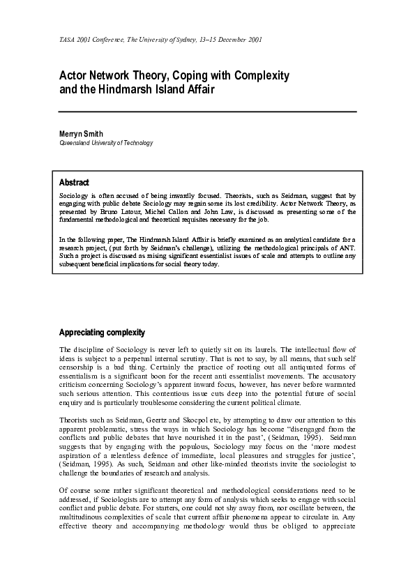 (PDF) Actor Network Theory, Coping with Complexity and the Hindmarsh Island Affair