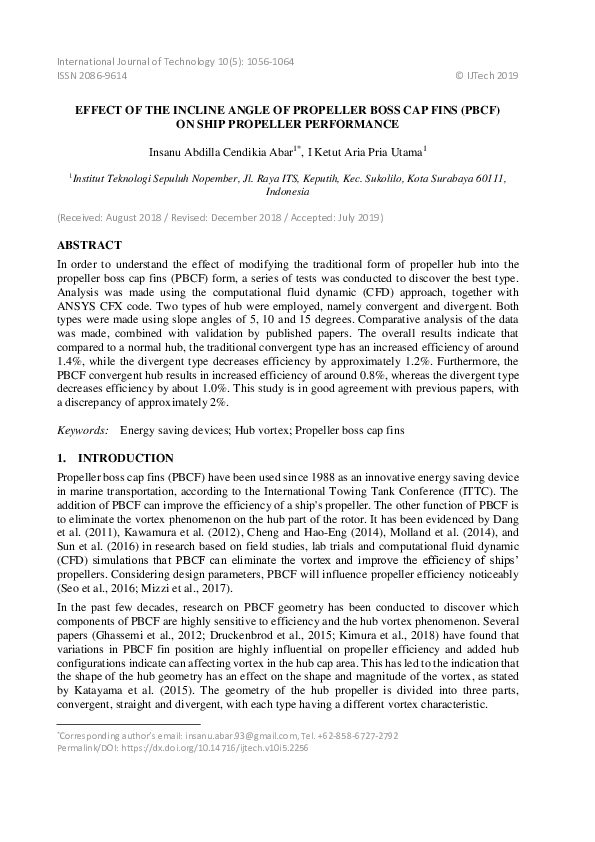 (PDF) Effect of the Incline Angle of Propeller Boss Cap Fins (PBCF) on ...
