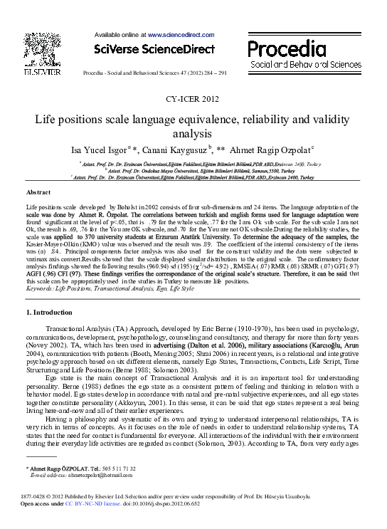 (PDF) Life Positions Scale Language Equivalence, Reliability and ...