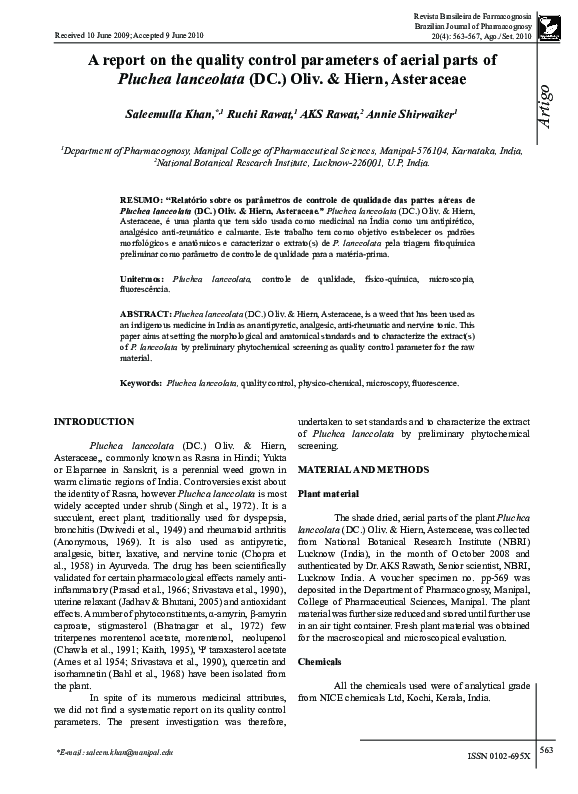 (PDF) A report on the quality control parameters of aerial parts of ...