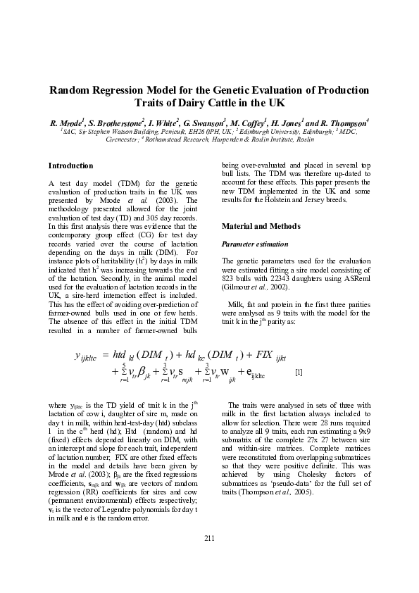 (PDF) Random regression model for the genetic evaluation of production traits of dairy cattle in ...