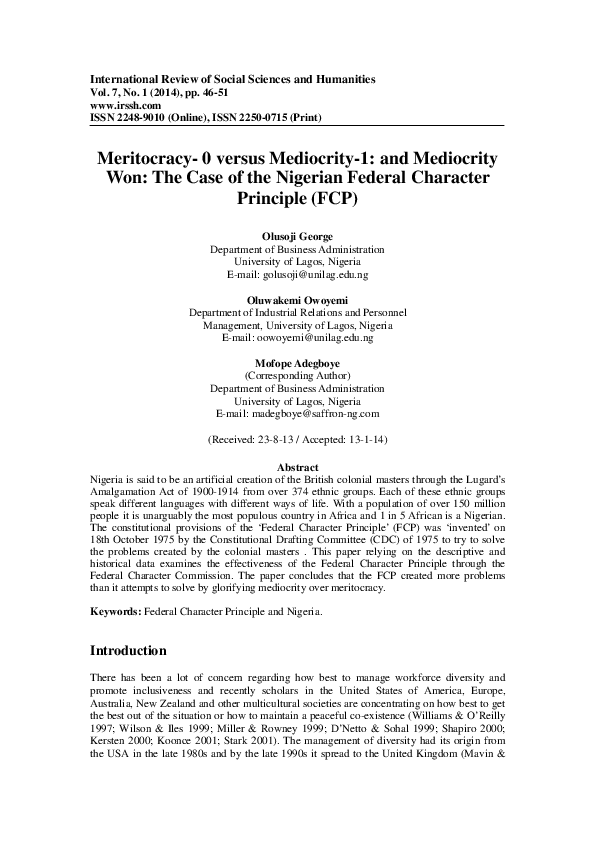 (PDF) Meritocracy-0 versus Mediocrity-1: and Mediocrity Won: The Case ...