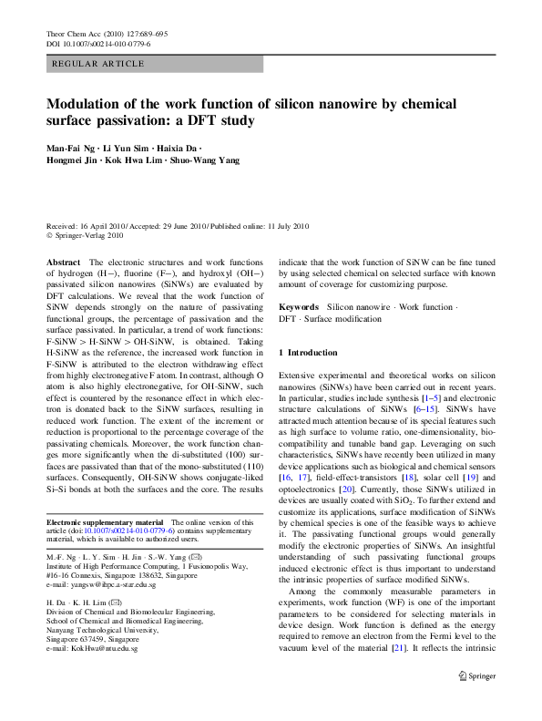 (PDF) Modulation of the work function of silicon nanowire by chemical ...