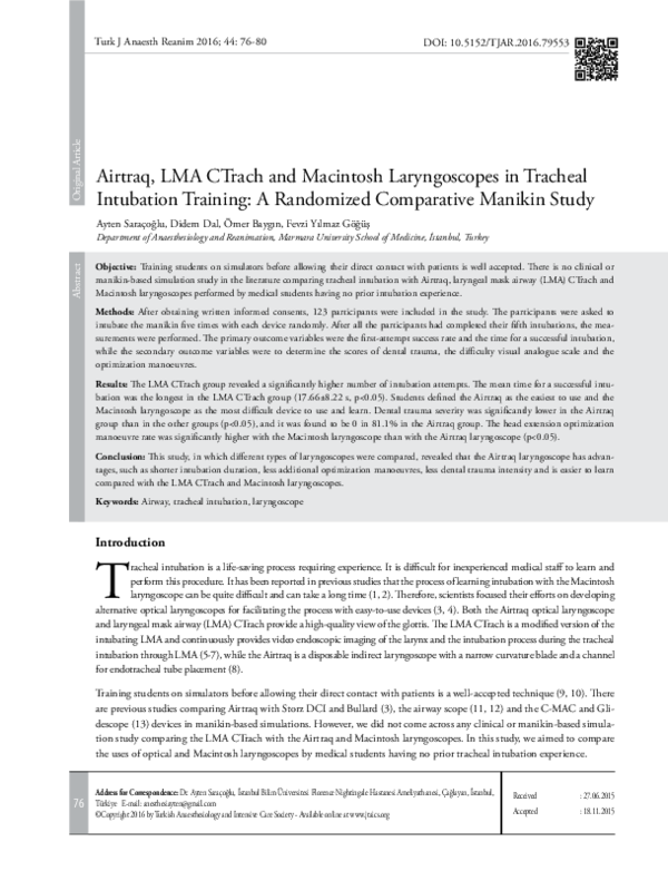 (PDF) Airtraq, LMA CTrach and Macintosh Laryngoscopes in Tracheal ...