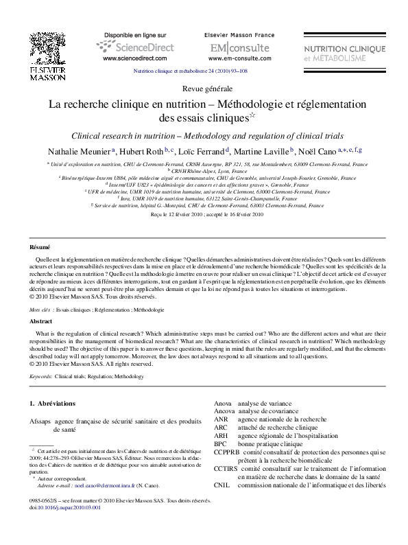 (PDF) La recherche clinique en nutrition – Méthodologie et réglementation des essais cliniques