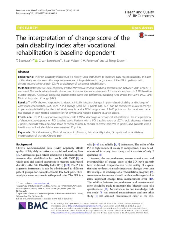 (PDF) The interpretation of change score of the pain disability index ...