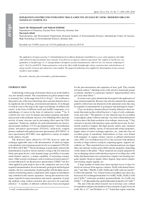 Pdf Separation And Preconcentration Trace Amounts Of Gold By Using Modified Organo Nanoclay