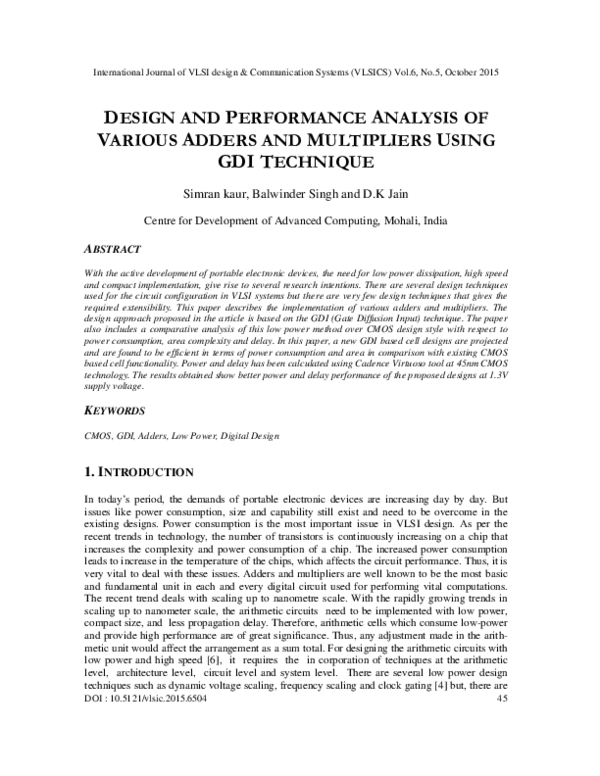 (PDF) Design and Performance Analysis of Various Adders and Multipliers Using GDI Technique