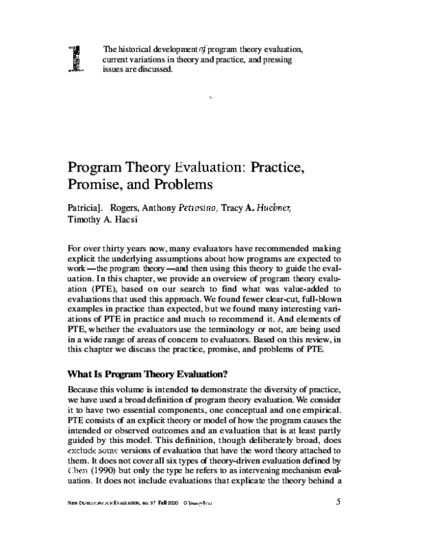 (PDF) Program theory evaluation: Practice, promise, and problems