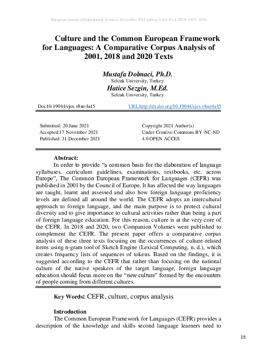 (PDF) Culture and the Common European Framework for Languages: A Comparative Corpus Analysis of ...