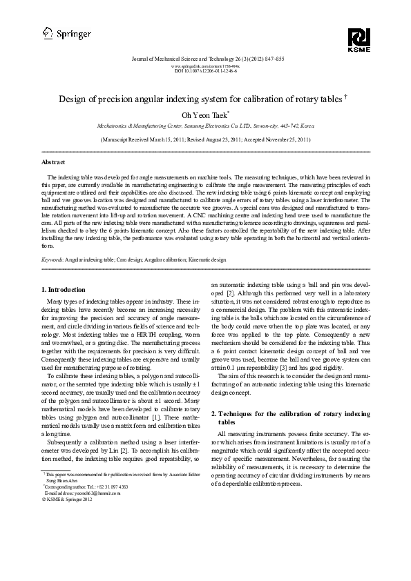 (PDF) Design of precision angular indexing system for calibration of rotary tables