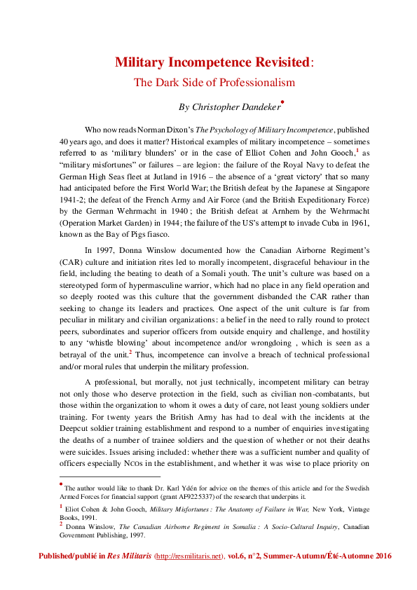 (PDF) Military Incompetence Revisited : The Dark Side of Professionalism