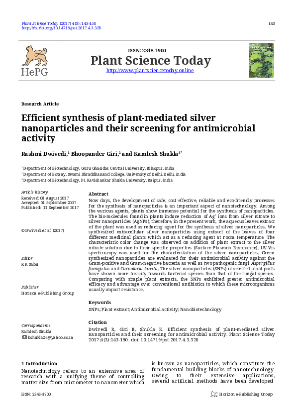 (PDF) Efficient synthesis of plant-mediated silver nanoparticles and their screening for ...