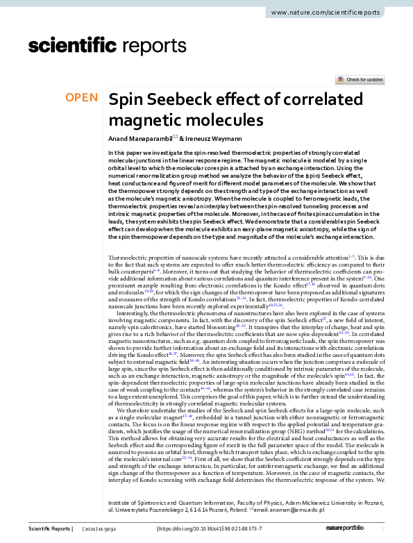 (PDF) Spin Seebeck effect of correlated magnetic molecules