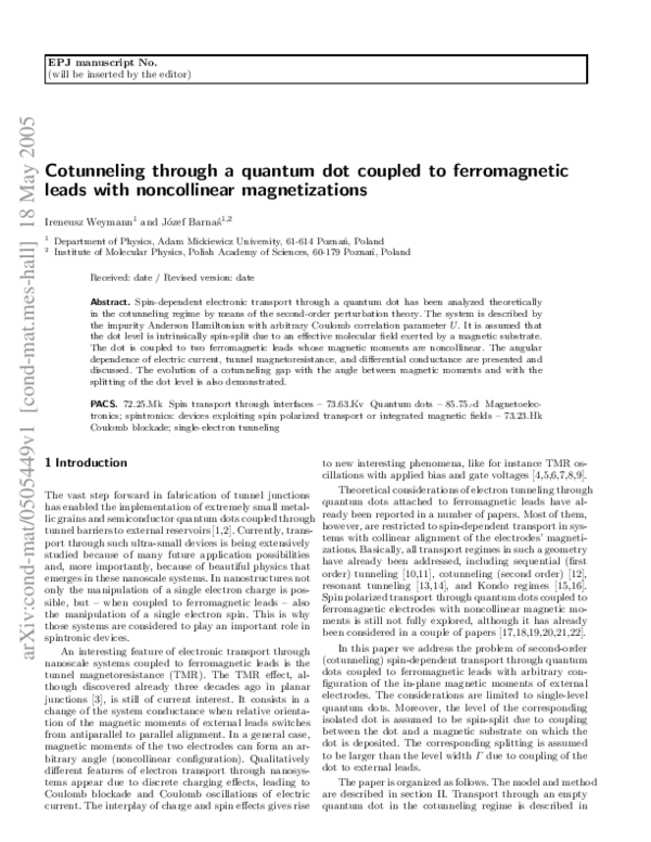 (PDF) Cotunneling through a quantum dot coupled to ferromagnetic leads with noncollinear ...