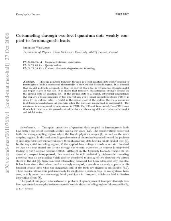 (PDF) Cotunneling through two-level quantum dots weakly coupled to ferromagnetic leads