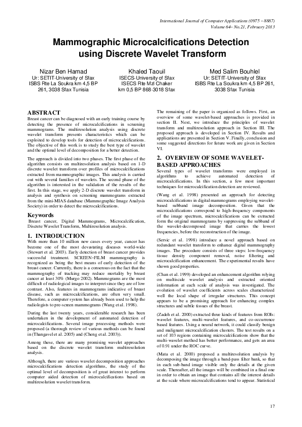 Pdf Mammographic Microcalcifications Detection Using Discrete Wavelet Transform Nizar Ben