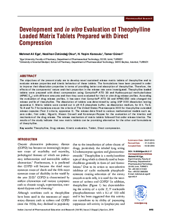 Pdf Development And In Vitro Evaluation Of Theophylline Loaded Matrix Tablets Prepared With