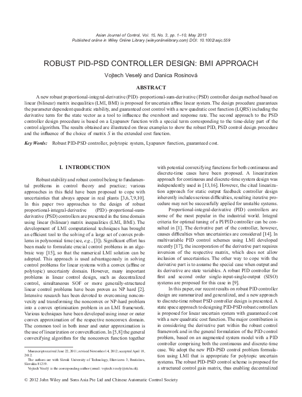 (PDF) Robust PID-PSD Controller Design: BMI Approach