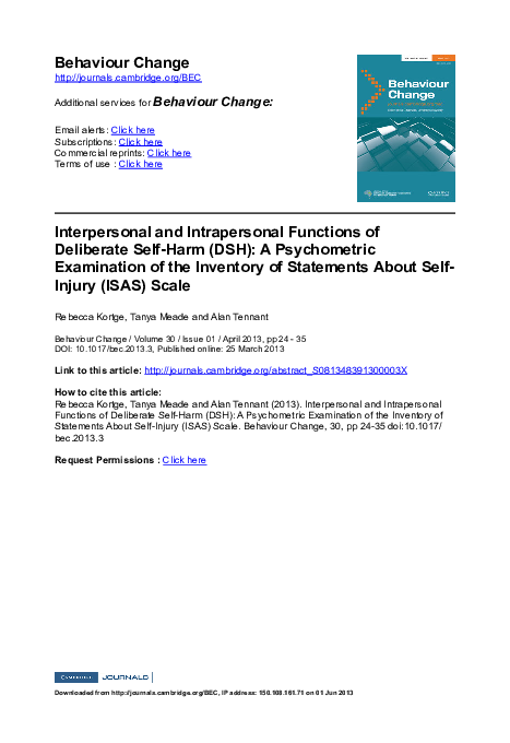 (PDF) Interpersonal and Intrapersonal Functions of Deliberate Self-Harm ...