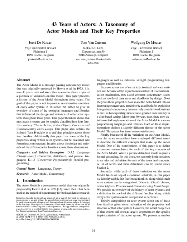 (PDF) 43 Years of Actors: A Taxonomy of Actor Models and Their Key ...