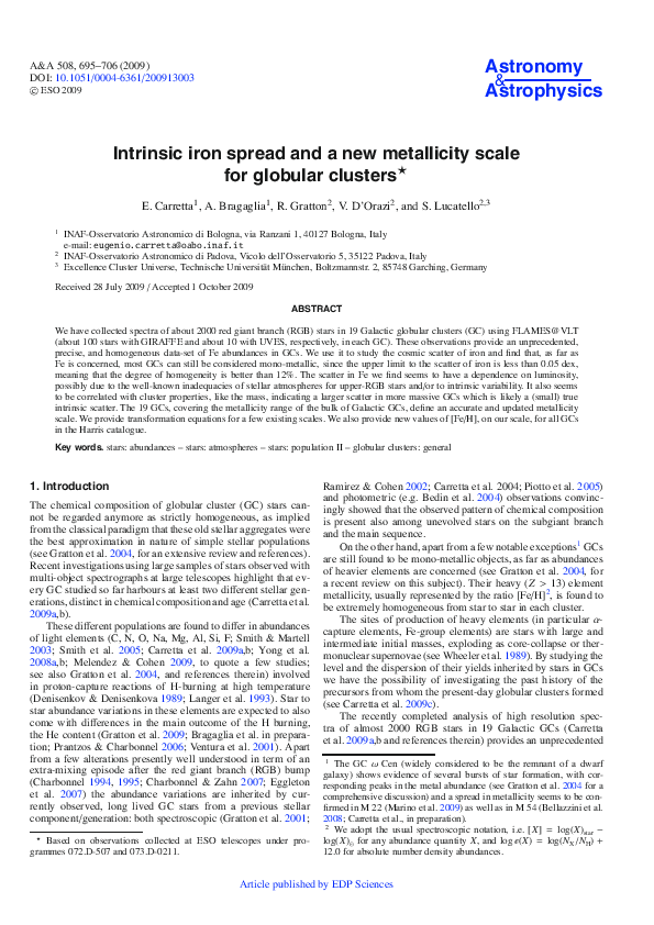 (PDF) Intrinsic iron spread and a new metallicity scale for globular ...