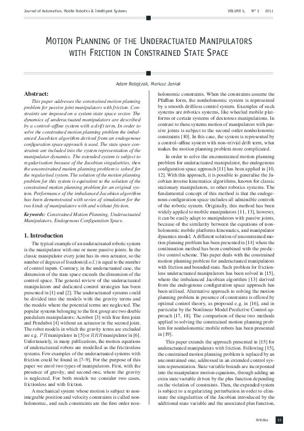 (PDF) Motion planning of the underactuated manipulators with friction in constrained state space