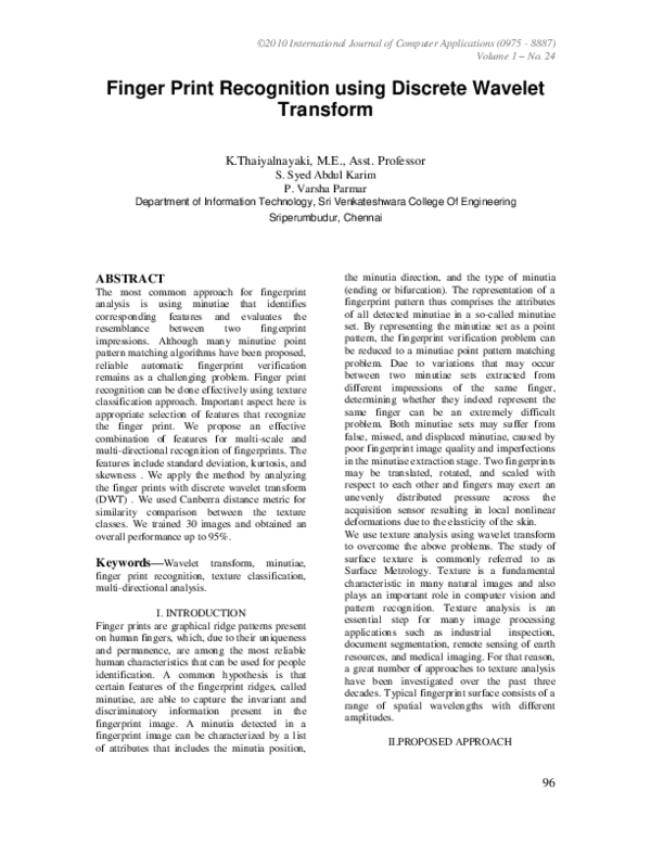 (PDF) Finger Print Recognition using Discrete Wavelet Transform | Syed ...
