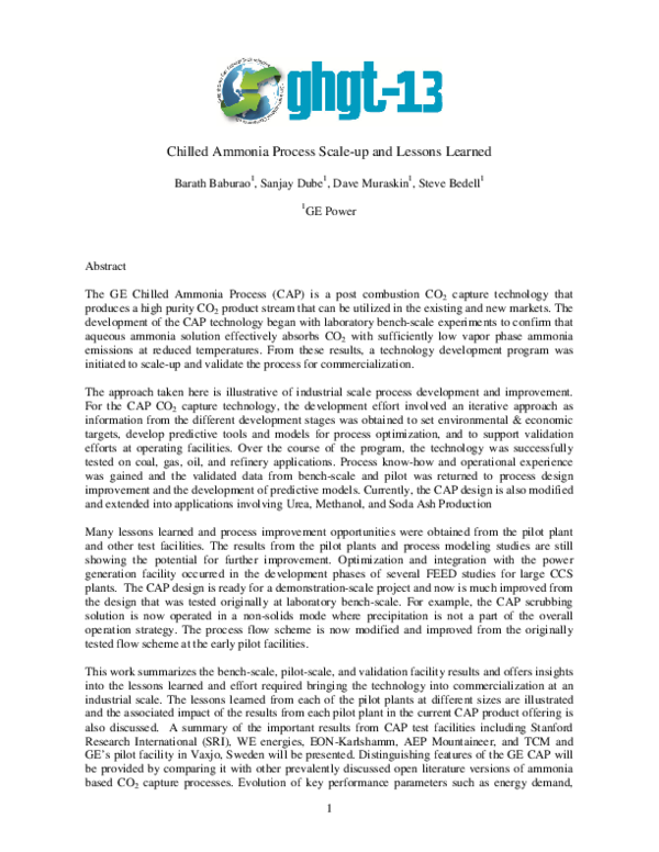 (PDF) Chilled Ammonia Process Scale-up and Lessons Learned