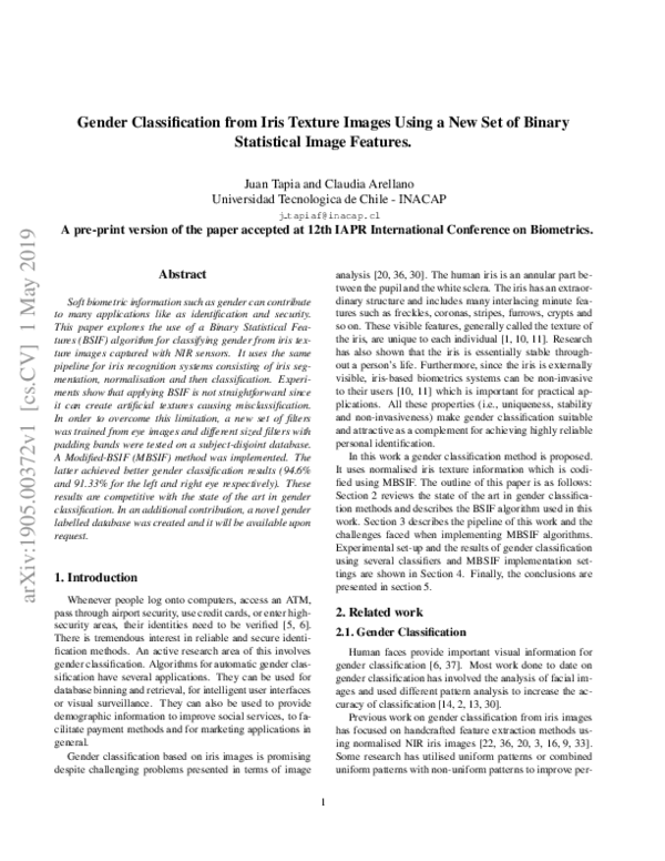 Pdf Gender Classification From Iris Texture Images Using A New Set Of Binary Statistical Image