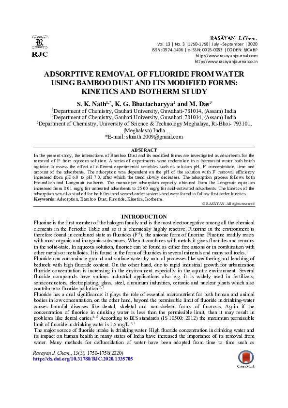 (PDF) Adsorptive Removal of Fluoride from Water Using Bamboo Dust and ...