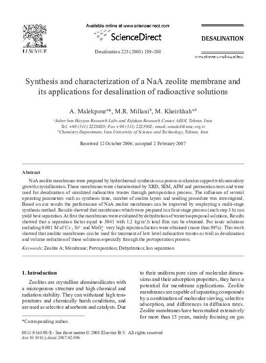 (PDF) Synthesis and characterization of a NaA zeolite membrane and its ...