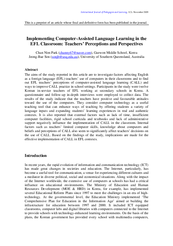 (PDF) Implementing computer-assisted language learning in the EFL classroom: teachers ...