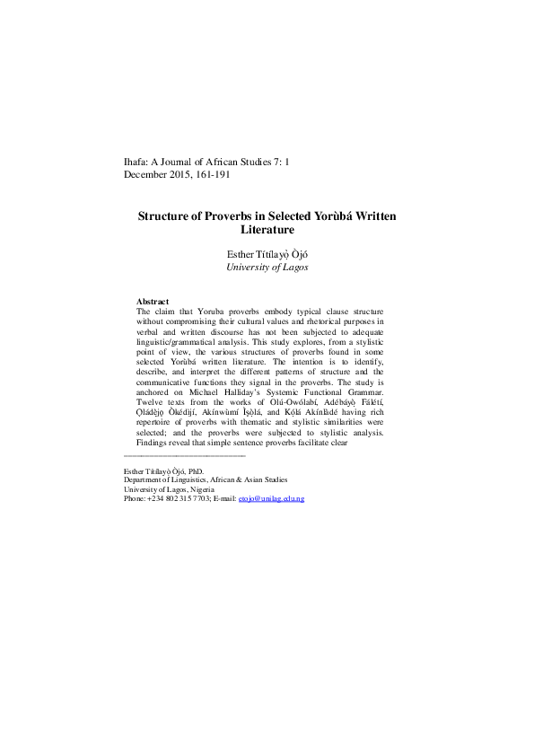 (PDF) Structure of Proverbs in Selected Yorùbá Written Literature