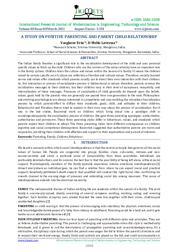 (PDF) A STUDY ON POSITIVE PARENTING AND PARENT CHILD RELATIONSHIP