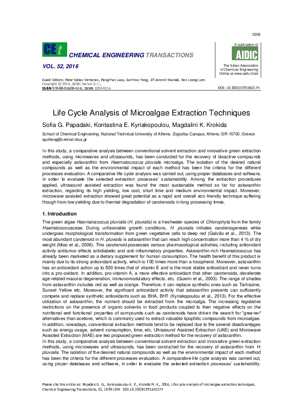 (PDF) Life Cycle Analysis of Microalgae Extraction Techniques