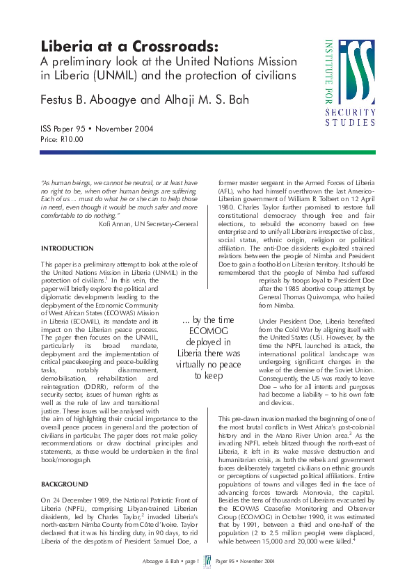(PDF) Liberia at a Crossroads: A preliminary look at the United Nations ...