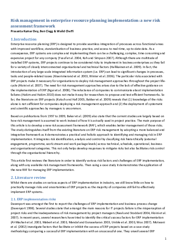 (PDF) Risk management in enterprise resource planning implementation: a ...