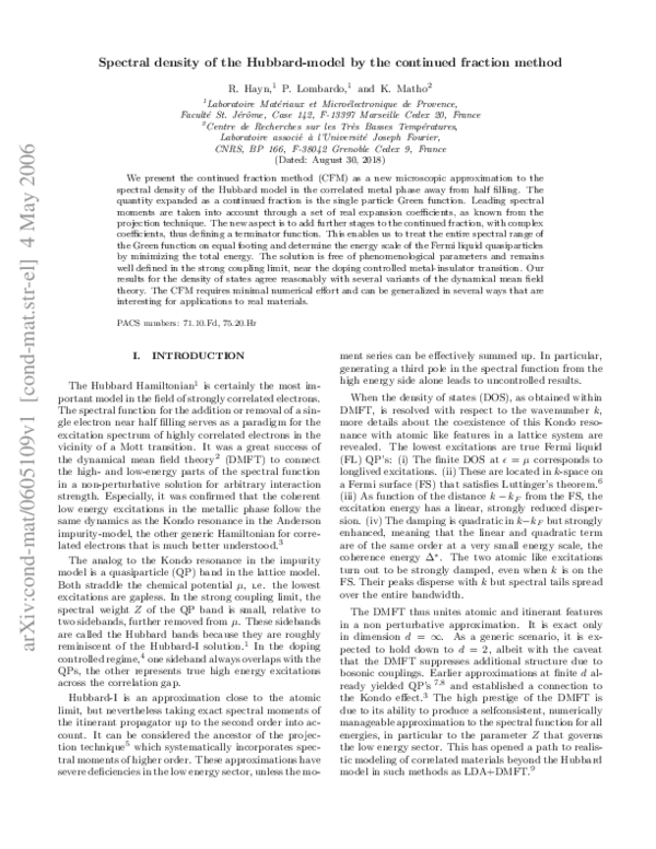(PDF) Spectral density of the Hubbard model by the continued fraction ...