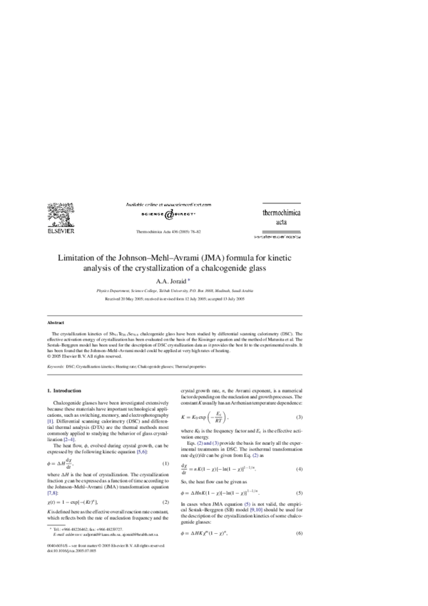 (PDF) Limitation of the Johnson–Mehl–Avrami (JMA) formula for kinetic ...