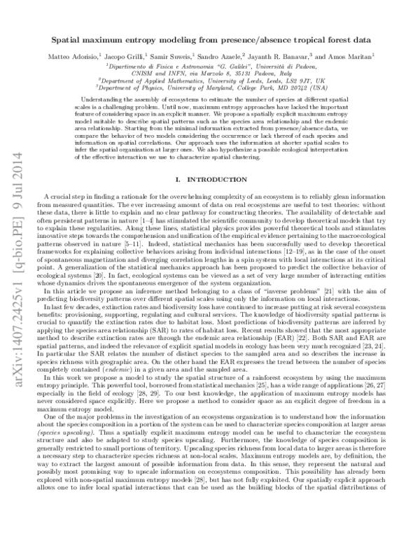 Pdf Spatial Maximum Entropy Modeling From Presenceabsence Tropical Forest Data Samir Suweis