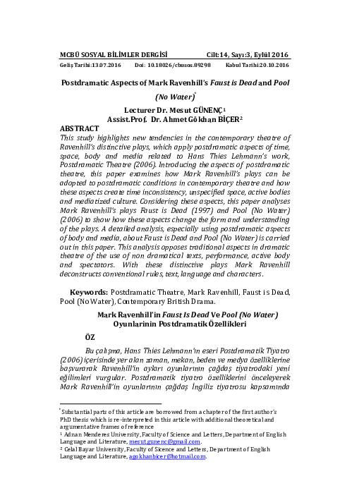 (PDF) Postdramatic Aspects of Mark Ravenhill’s Faust is Dead and Pool (No Water)⃰