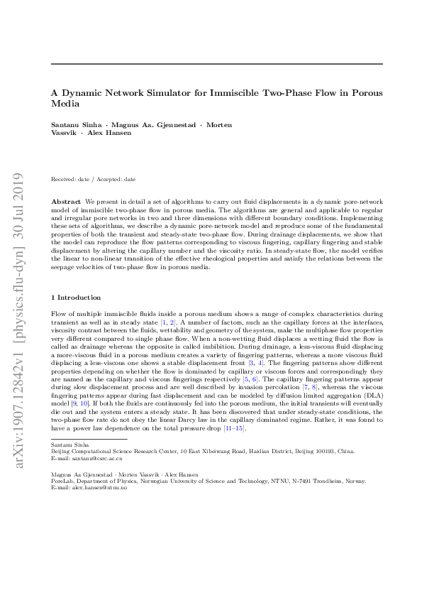 (PDF) A Dynamic Network Simulator for Immiscible Two-Phase Flow in Porous Media