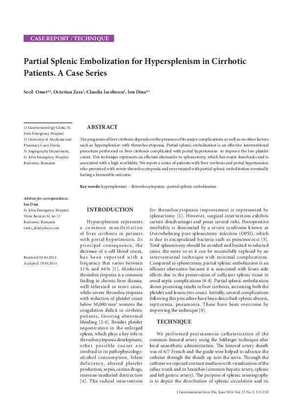(PDF) Partial splenic embolization for hypersplenism in cirrhotic ...