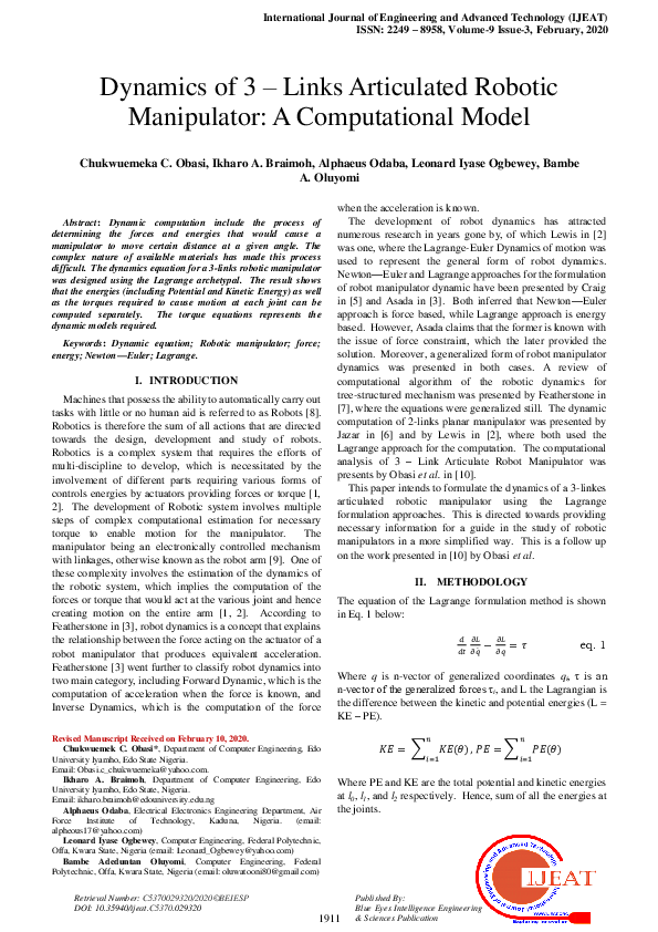 (PDF) Dynamics of 3 – Links Articulated Robotic Manipulator: A ...