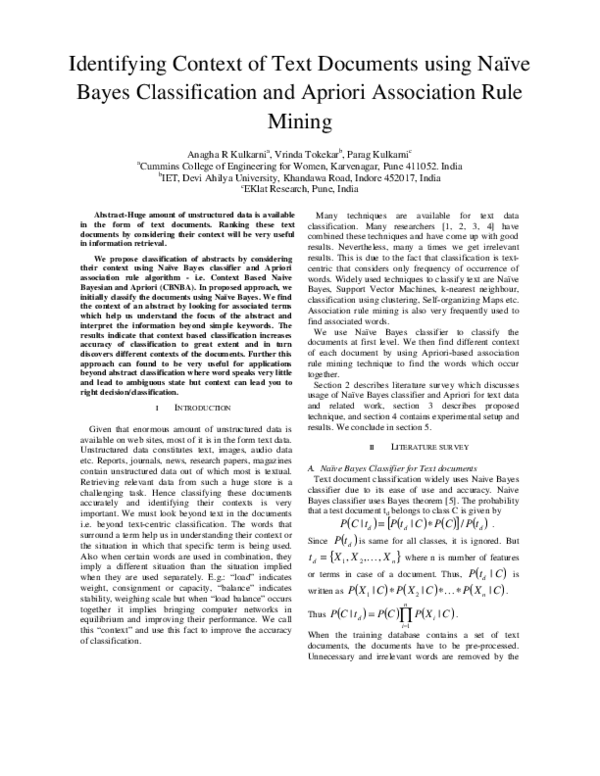 (PDF) Context Classification via Naïve Bayes and Apriori
