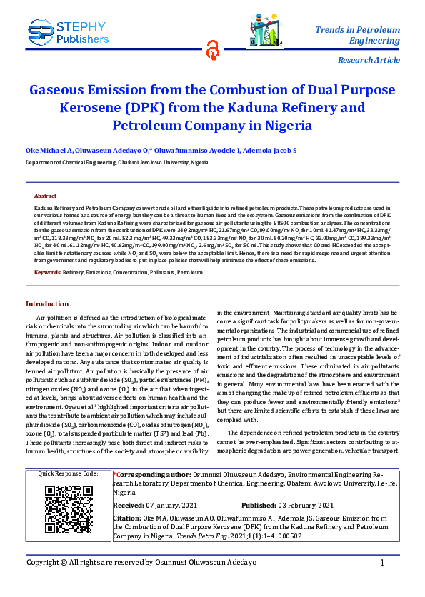 (PDF) Gaseous Emission from the Combustion of Dual Purpose Kerosene ...