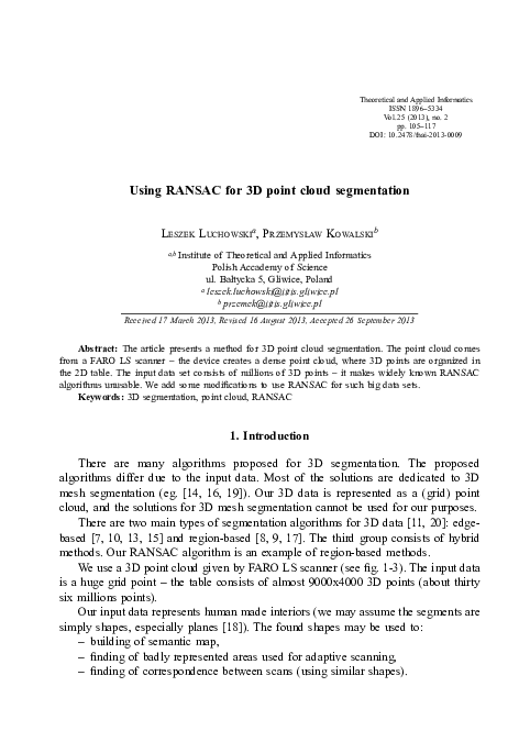 Pdf Using Ransac For 3d Point Cloud Segmentation